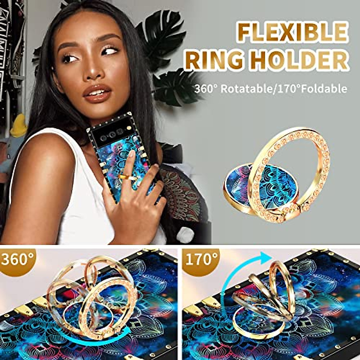 Loheckle for Pixel 7 Pro Case for Women, Designer Cases for Google Pixel 7 Pro with Ring Stand Holder and Lanyard, Stylish Mandala Luxury Cover for Pixel 7 Pro 6.7 Inch