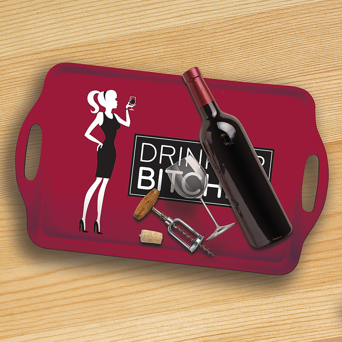 Chris's Stuff Wine Serving Tray with Handle 18.8 x 11.8 Inch - 100% Melamine Food Safe (Drink Up Bitches)