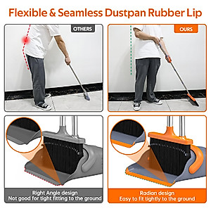 AXFRVEWA Broom and Dustpan Set with 52" Long Handle Broom with Dustpan Combo Set, Self-Cleaning Teeth & Standing Dust Pan and Broom for Home Office Kitchen Lobby Floor Use-Gray&Orange