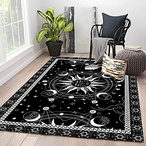 EDGZKO Sun and Moon Rug for Bedroom: 3x5 Moon Phase Rugs Boho Black and White Celestial Rug Witchy Area Rug for Dorm Living Room Kitchen Lunar Tarot Astrology Floor Mat Carpet