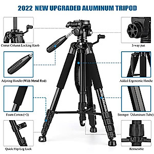 VICTIV 74” Camera Tripod, Tripod for Camera and Phone, Aluminum Tripod for Canon Nikon with Carry Bag and Phone Holder, Compatible with DSLR，iPhone, Projector, Webcam, Spotting Scopes