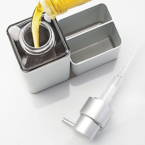 mDesign Modern Aluminum Kitchen Sink Countertop Liquid Hand Soap Dispenser Pump Bottle Caddy with Storage Compartments - Holds and Stores Sponges, Scrubbers and Brushes - Silver Finish