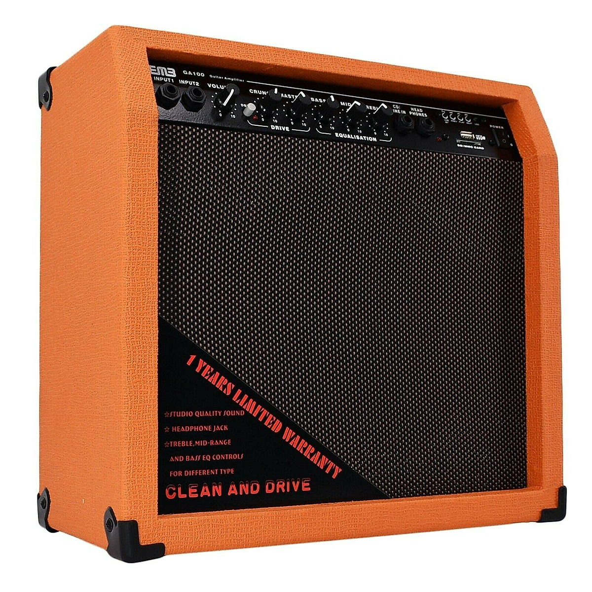 EMB GA100 500W 10" Electric Guitar Amplifier Speaker Portable Powerful Studio and Stage Cabinet PreAMP – with Built in Headphone Jack and 2 Inputs and SD USB AUX Bluetooth (Yellow)