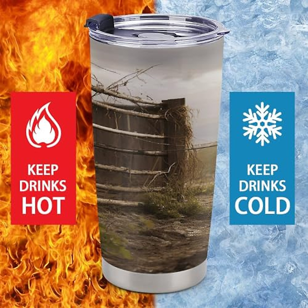 FHENMSA Reusable Plastic Water Cups with Lids,Fence And Horse Print Anti-overflow Cup,sports Travel Coffee Cup