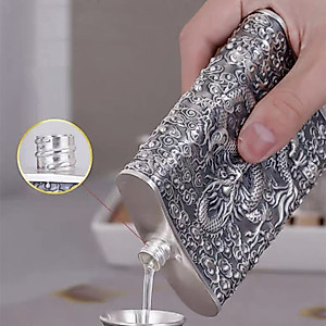 GOHQ Hip Flask for Liquor for Men,999 Sterling Silver Leak proof Dragon Drinking Flasks Used for Gift,Camping, Outdoor Activitie,Groomsman Bridesmaid Wedding Party