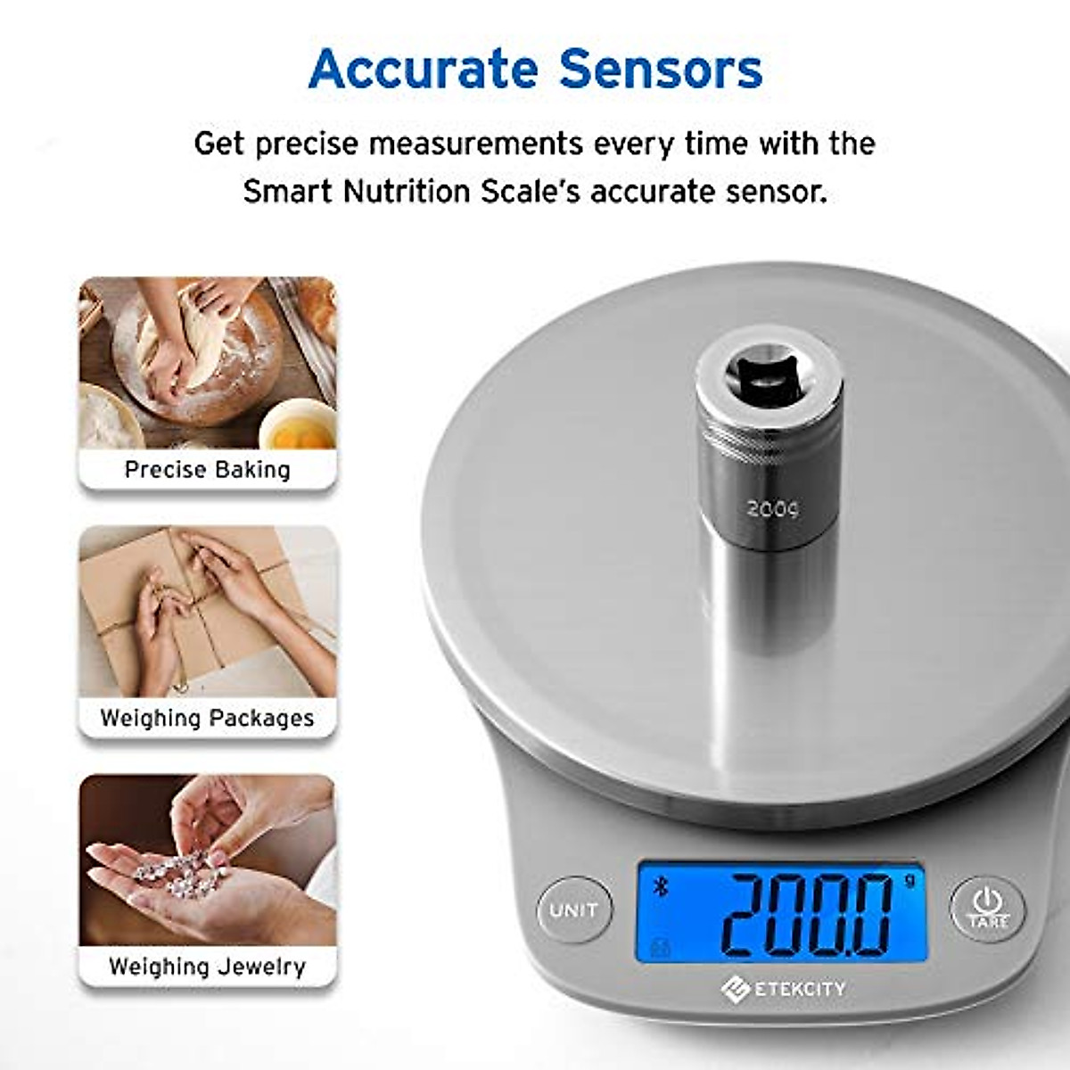 Etekcity Nutrition Smart Food Kitchen Scale, Digital Ounces and Grams for Cooking, Baking, Meal Prep, Dieting, and Weight Loss, 11 Pounds-Bluetooth, 304 Stainless Steel