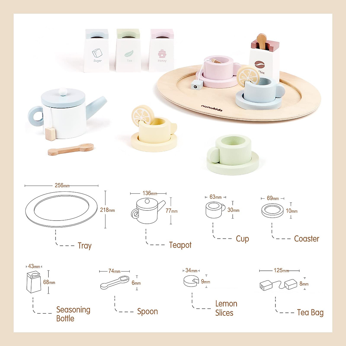 nunukids wooden tea set for little girls tea party set for toddlers 20pcs Playset Pretend Play tea set toy