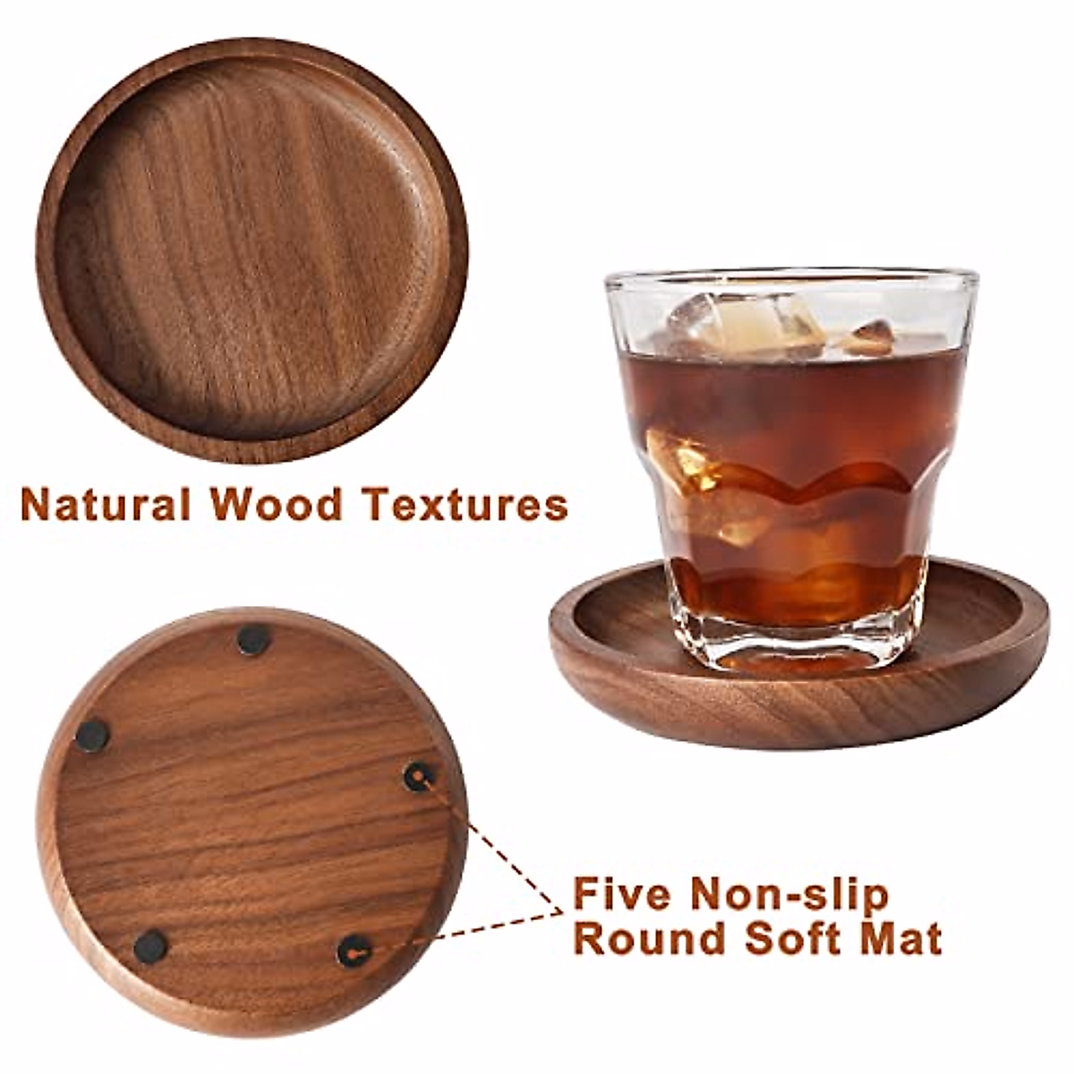 MAPRIAL Wooden Coasters for Drinks, 4 Pack 4 Inch Wood Drink Coasters Set 100% Natural Walnut Coasters for Housewarming Gifts for New Home, Office, Home Decor, Bar Table, Any Kind of Cup
