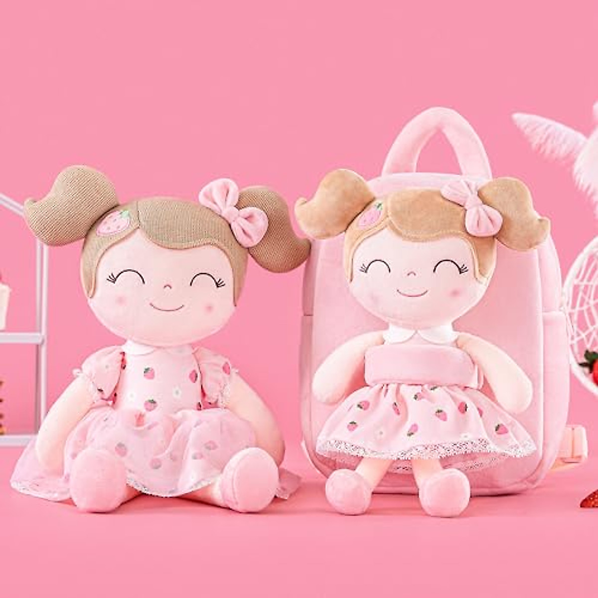 Gloveleya Kids Backpack for Girls backpacks Plush bag with Soft doll for Toddler baby Strawberry 9 Inches