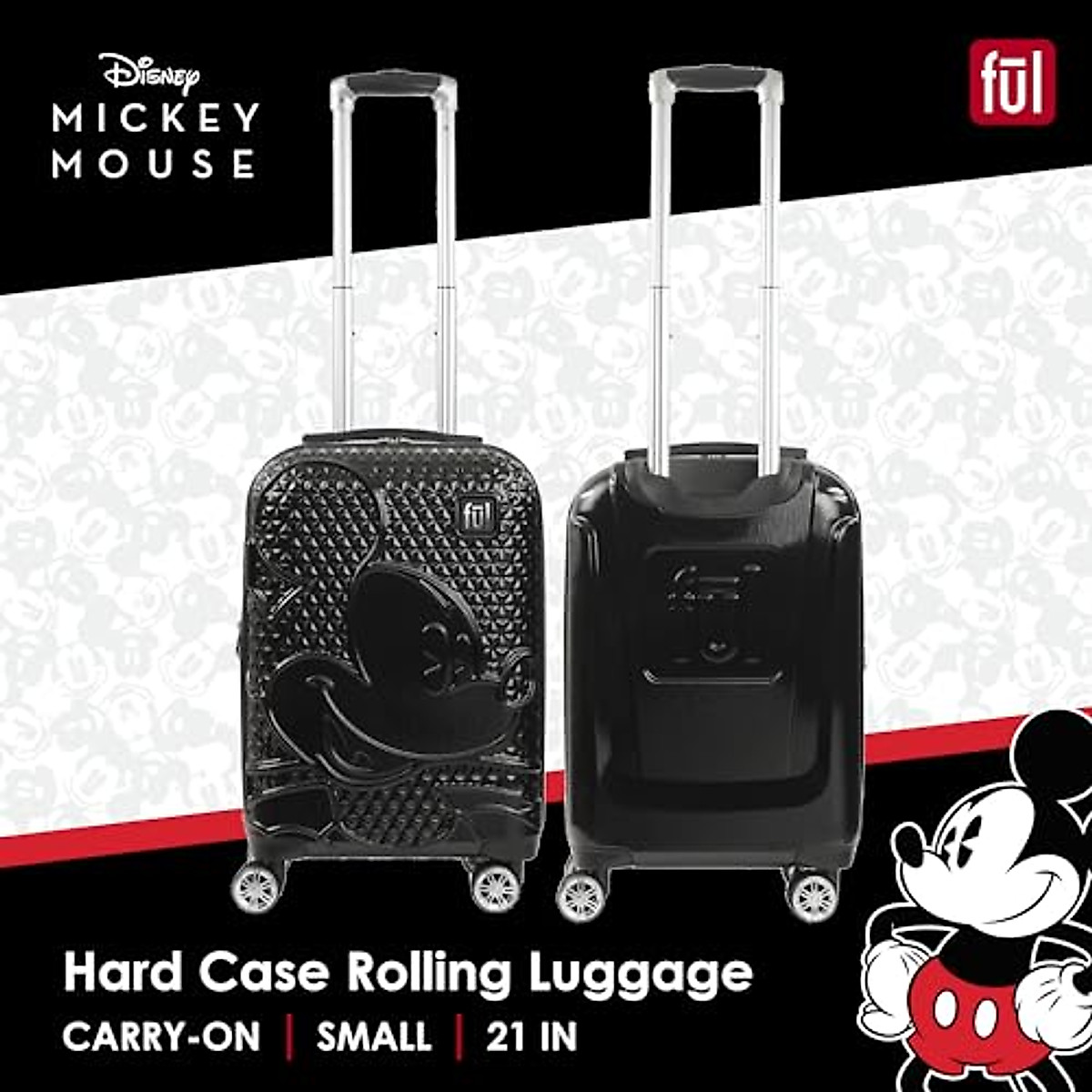FUL Disney Mickey Mouse 21 Inch Carry On Luggage, Hardshell Rolling Suitcase with Spinner Wheels, Black