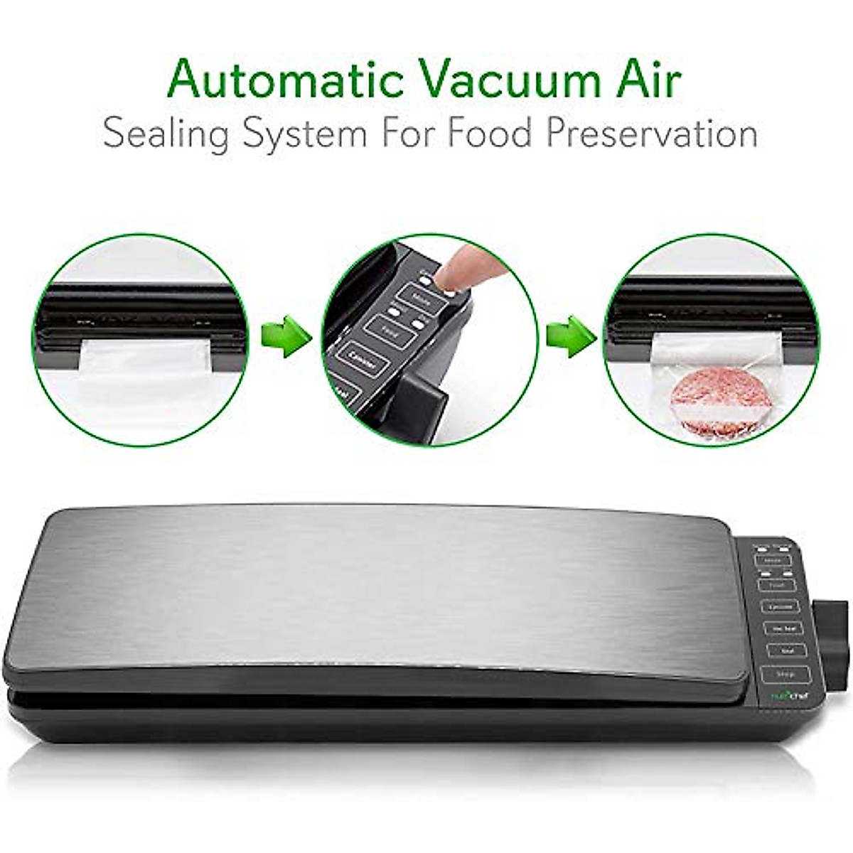 Automatic Food Vacuum Sealer System - 110W Sealed Meat Packing Sealing Preservation Sous Vide Machine w/ 2 Seal Modes, Saver Vac Roll Bags, Vacuum Air Hose - NutriChef PKVS35STS (Stainless Steel)