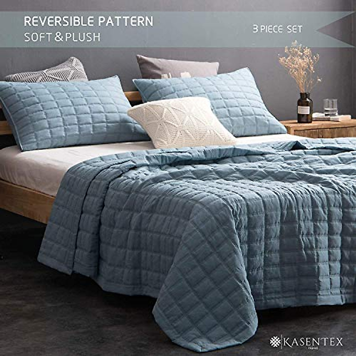 Kasentex Quilt-Bedding-Coverlet-Blanket-Set, Machine Washable, Ultra Soft, Lightweight, Stone-Washed, Detailed Stitching-Solid Color, Single/Twin + 2 Shams, Grey Blue