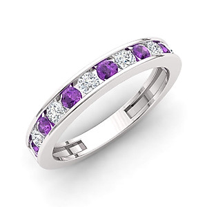 Diamondere Natural and Certified Amethyst and Diamond Wedding Ring in 14K White Gold | 0.49 Carat Half Eternity Stackable Band for Women, US Size 8