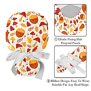 LWSHUNYI 2PCS Working Cap with Button Reusable Surgical Cap Lovely Acorn & Leaves Pattern Tie Back Bouffant Hats for Women Long Hair
