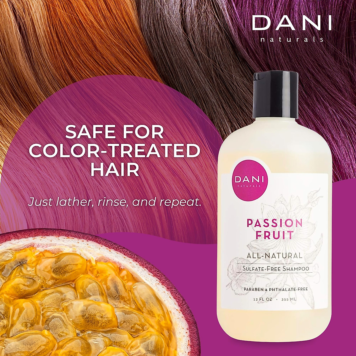 DANI Natural Moisturizing Shampoo Naturals - Juicy Passion Fruit Scent - Organic Aloe Vera & Coconut Cleansers - Sulfate, Phthalate & Paraben Free - Vegan & Cruelty Free - 12 Ounces