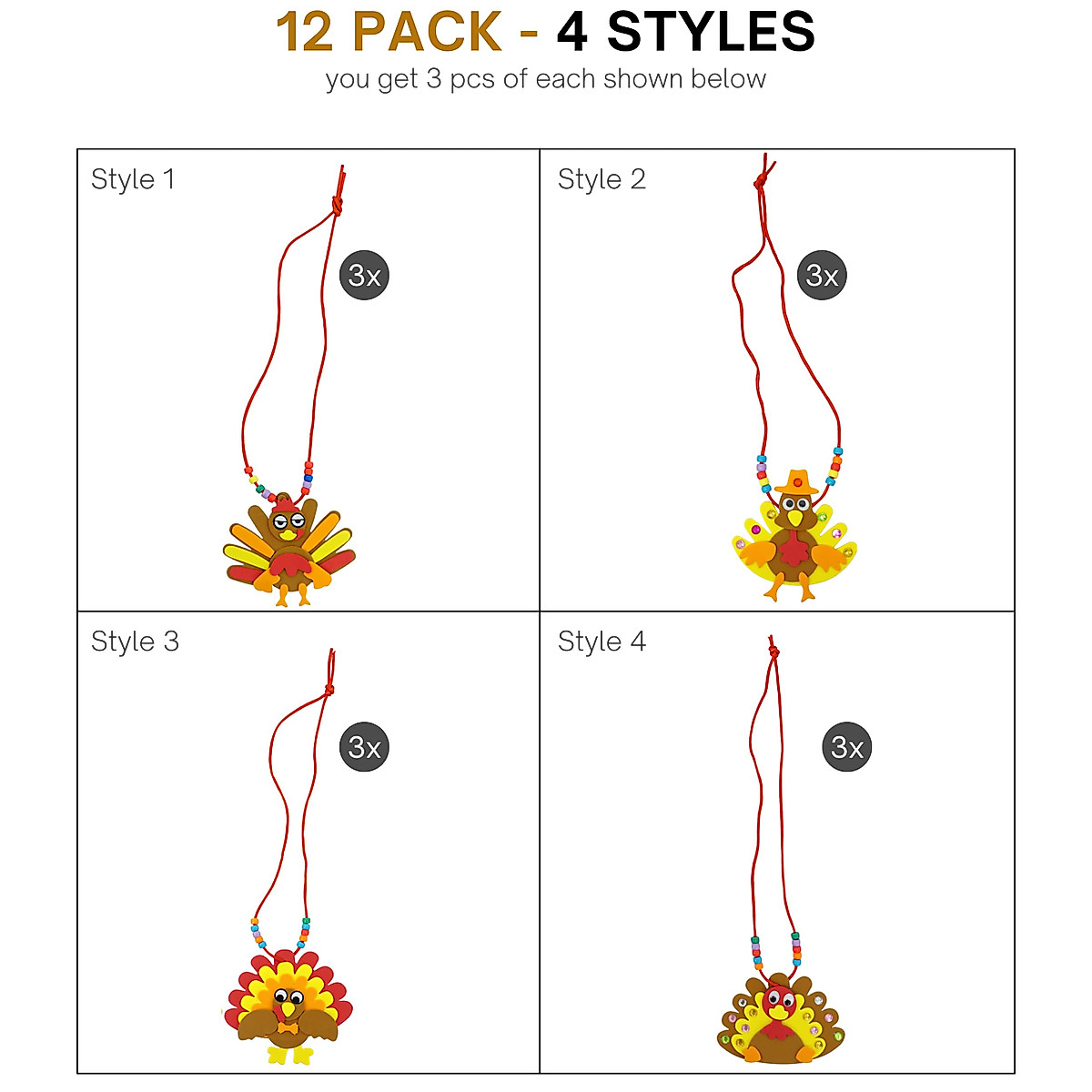 4E's Novelty Thanksgiving Necklace Crafts for Kids Bulk – 12 Pack DIY Turkey Necklace Craft for Kids with 4 Styles, Thanksgiving Favors for Kids, Thanksgiving Toddler Craft, & Turkey Craft Kit