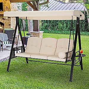 AECOJOY 3-Seat Porch Swing Chair, Patio Swing Chair with Stand and Removable Cushions, Outdoor Canopy Swing Chair for Outside, Backyard, Garden(Beige Cushion&Steel Frame)