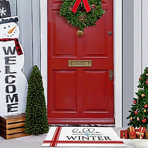 Hello Winter Door Mats, 23.6" x 15.7" Outdoor Indoor Entrance Doormat Welcome Mats, Absorbent Water Non Slip Entryway Rug, Front Doormat Inside Outside, Christmas Snowflake with Holiday Red Stripes