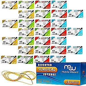 Mixed Sutures Thread with Needle (28 PK Dissolvable and Non-Dissolvable: 0, 2-0, 3-0, 4-0, 5-0, 6-0, 7-0) - First Aid Field Camping Emergency Practice; Medical and Nursing Surgical Training Suture Kit