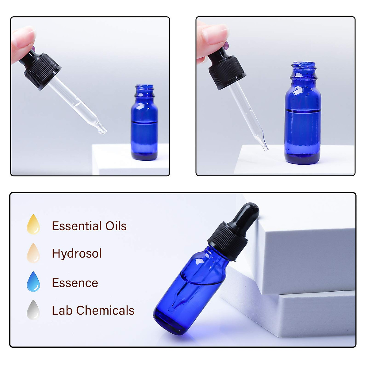 HWASHIN 24 Pack 1/2 oz Cobalt Blue Glass Bottles with Glass Eye Droppers for Essential Oils, Perfumes & Lab Chemicals (Brush, Funnels, 2 Extra Droppers, 36 Pcs Labels & Measuring Cup Included)