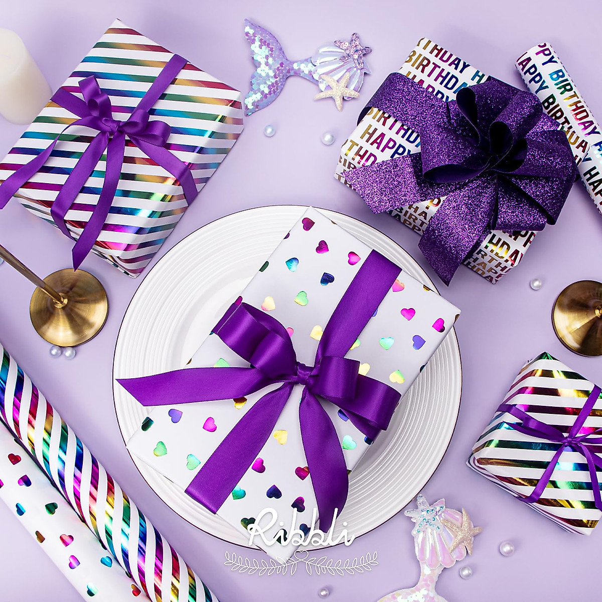 Ribbli Birthday Wrapping Paper Iridescent Gift Wrap Mini Roll, 3 Rolls Happy Birthday Heart Stripes Printed for Girls Kids - 17 inch x 120 inch(10feet) Per Roll