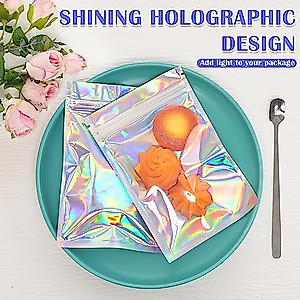 JETMORE 100 Pcs Mylar Bags, Holographic Bags, Smell Proof Bags, Resealable Bags for Small Business, Sample Bags with Clear Window, Sealable Bags for Pen, Brushes, Jewelry, Candy, Necklaces (2.4x9in)