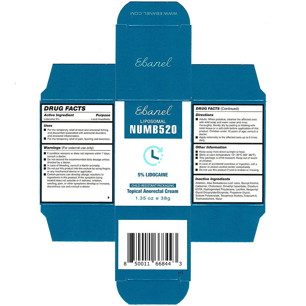 Ebanel 5% Lidocaine Numbing Cream, Pain Relief Burn Itch Numb Cream, Maximum Strength Topical Anesthetic with Allantoin, Vitamin E for Local and Anorectal Uses, Hemorrhoid Treatment, 1.35 Oz