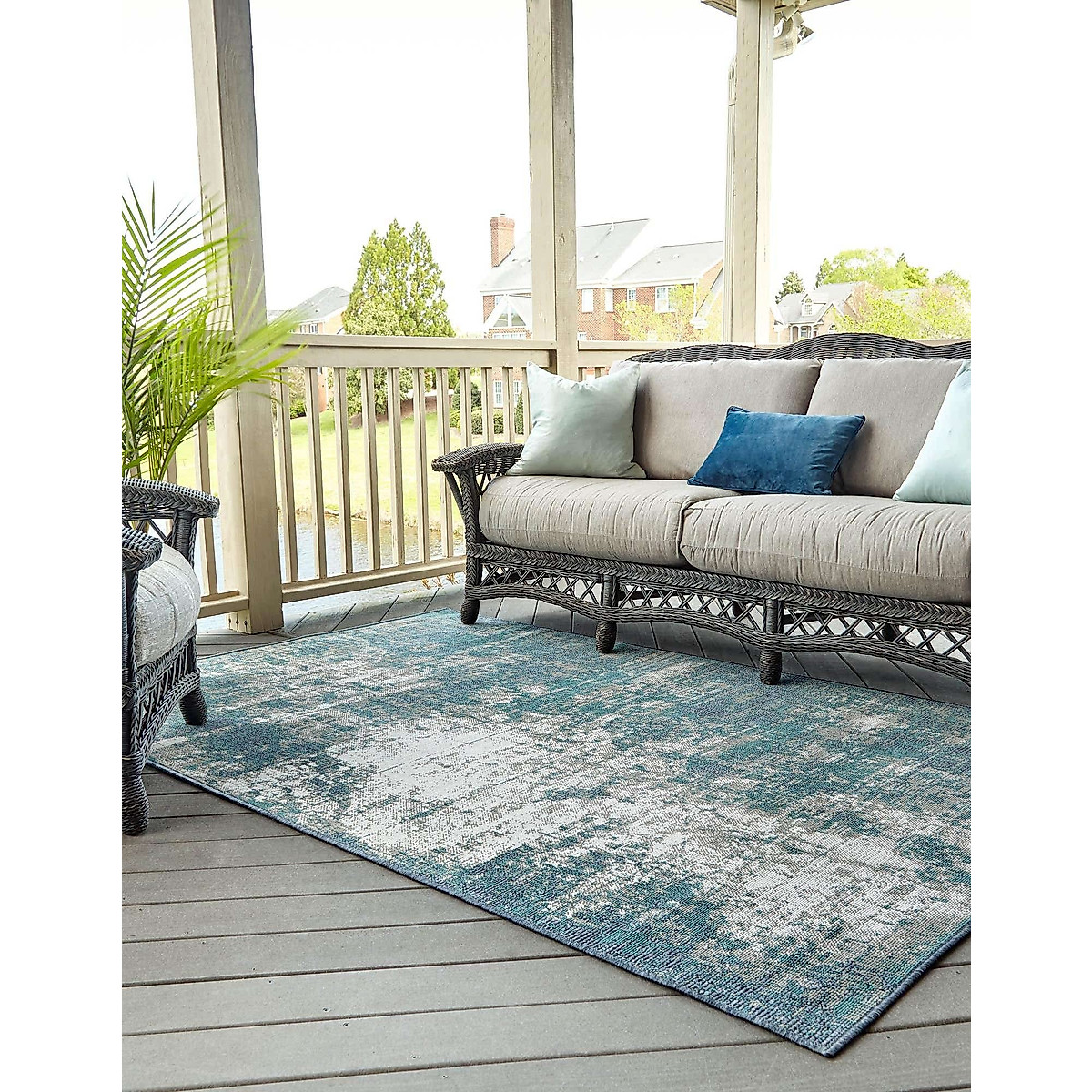Unique Loom Outdoor Coastal Collection Area Rug - Okyanus (9' x 12' Rectangle, Blue/ Ivory)