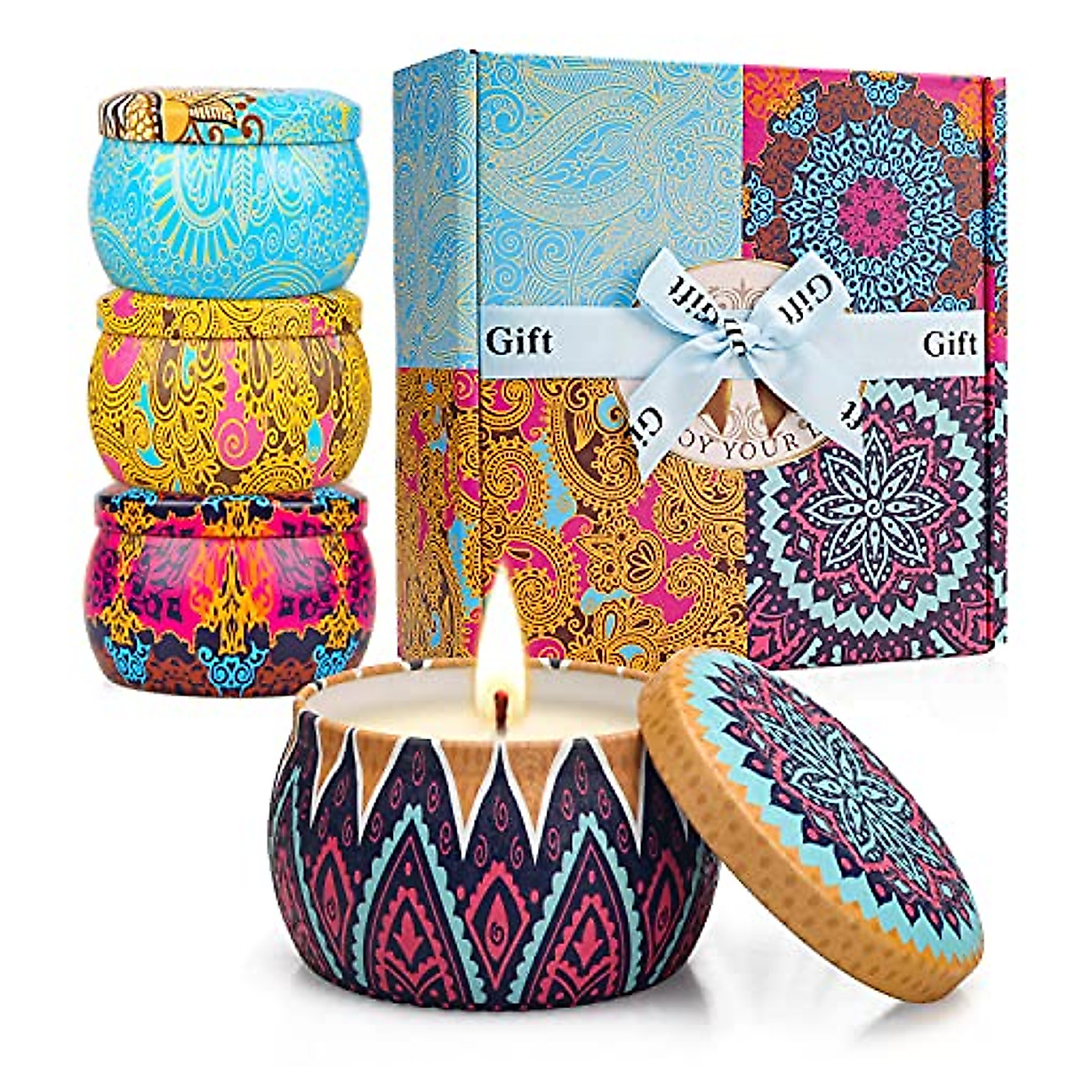 4 Pack Scented Candles Gifts Set for Women, 4.4 oz Soy Wax Portable Travel & Home Tin Jar Candles with Essential Oils for Bath, Stress Relief, Yoga Aromatherapy Candles with Strong Fragrance