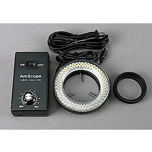 AmScope 7X-45X Simul-Focal Stereo Zoom Microscope on Dual Arm Boom Stand with 144-LED Ring Light and 10MP Camera