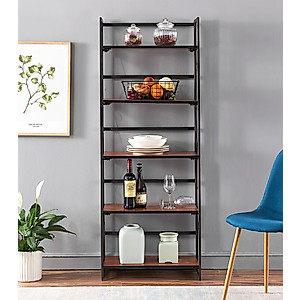 VECELO Bookshelf No Assembly, 5 Shelf Folding Bookcase, Book Shelves Organizer for Living Room, Bedroom, Kitchen, Office, Industrial Metal Frame, Walut, 1 Set