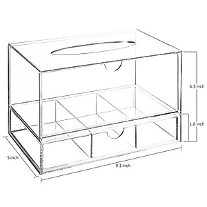 Modern Clear Acrylic Cosmetic Organizer with Pull Out Makeup Storage Drawer with Tissue Box Dispenser - Countertop Bathroom Supplies Holder