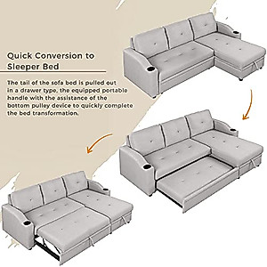Verfur L Shaped Sectional Sofa with Pull Out Bed, Modern Button Tufted Convertible Sleeper Couch, Linen Fabric Upholstered 3 Seater Corner Sofa&Couch with Reversible Storage Chaise and Cup Holder