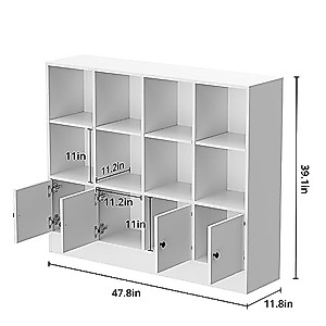 Anystyle White 12 Cube Bookshelf, 3-Tier Bookcase Storage Cabinet with 4 Doors for Bedroom, Living Room