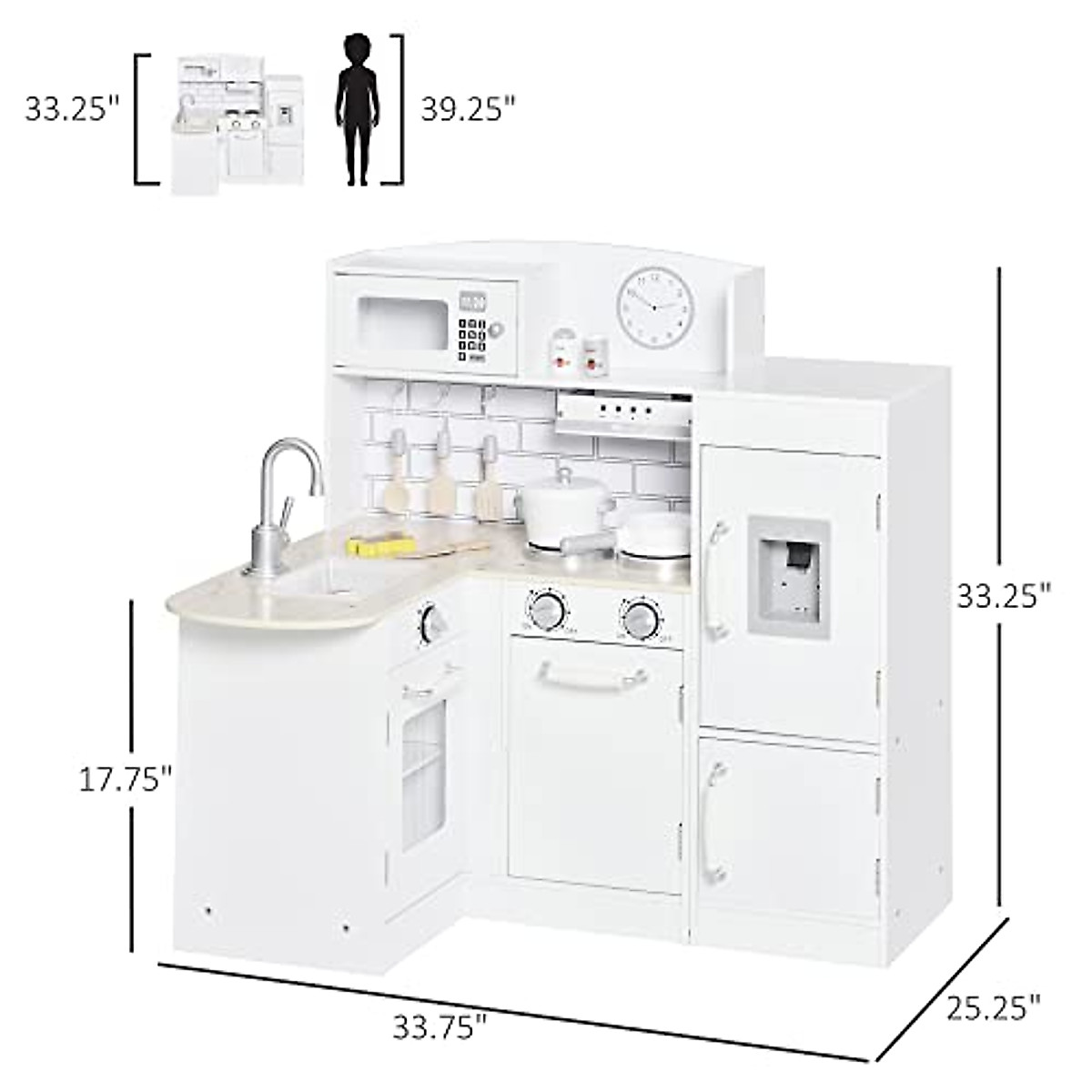 Qaba Kids Play Kitchen Set Pretend Wooden Cooking Toy Set with Drinking Fountain, Microwave, Fridge and Accessories for Age 3 Years, White