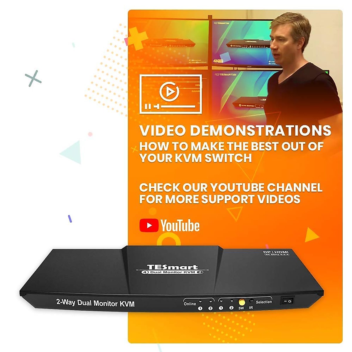 2-Port Dual Monitor KVM – HDMI + DisplayPort – 4K 60HZ – QHD 144HZ – Audio Output & USB Sharing – Multimedia & Gaming Keyboard Supported – HDK0402A1U