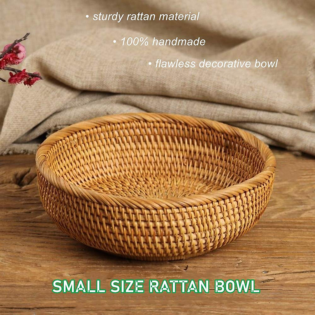 amololo Hadewoven Round Rattan Fruit Basket Wicker Food Tray Weaving Storage Holder Dinning Room Bowl, 8 Inch Small Bread Baskets Tray for Serving with Deep Wall, Brown (Small 7.48”)