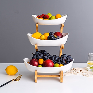 DYRABREST Oval Ceramic Fruit Plate Bowl, 3 Layer Ceramic Bamboo Frame Fruit Plate, Multi-layer White/Brown (Optional) Fruit Basket Holder Vegetables Storage Stand for Fruits Snacks Candy (White)