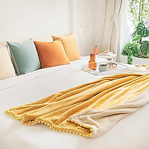 MONDAY MOOSE Cozy Fleece Throw Blanket with Pom Pom Fringe, Super Soft Lightweight Microfiber Flannel Blanket, Double-Sided Designs, for Couch Bed Sofa Home Decor (50x60 inch, Yellow/Beige)