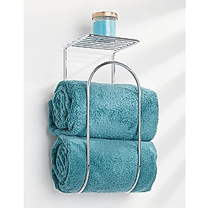 mDesign Modern Metal Wire Wall Mount Towel Rack Holder and Organizer with Storage Shelf - for Bathroom Towels, Washcloths, Hand Towels - Decorative Curved Design - Chrome
