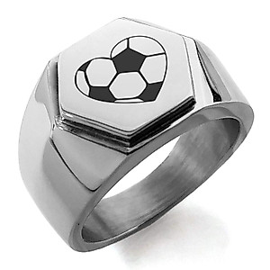 Stainless Steel Love Soccer Heart Hexagon Crest Flat Top Biker Style Polished Ring, Size 8