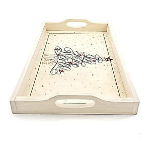 Elysian Gift Shop Joy to The World Christmas Serving Tray- Rustic Farmhouse Modern slatted Wood Look with Handles and Christmas Tree Christmas Decorative Large Platter, Ivory, 18x12