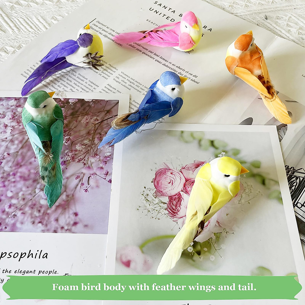 LWINGFLYER 12pcs Clip on Artificial Simulation Foam Feather Birds 3.5in Mini Love Birds for Craft Home Ornaments Garden Wedding Decoration Embellishing (Clip)