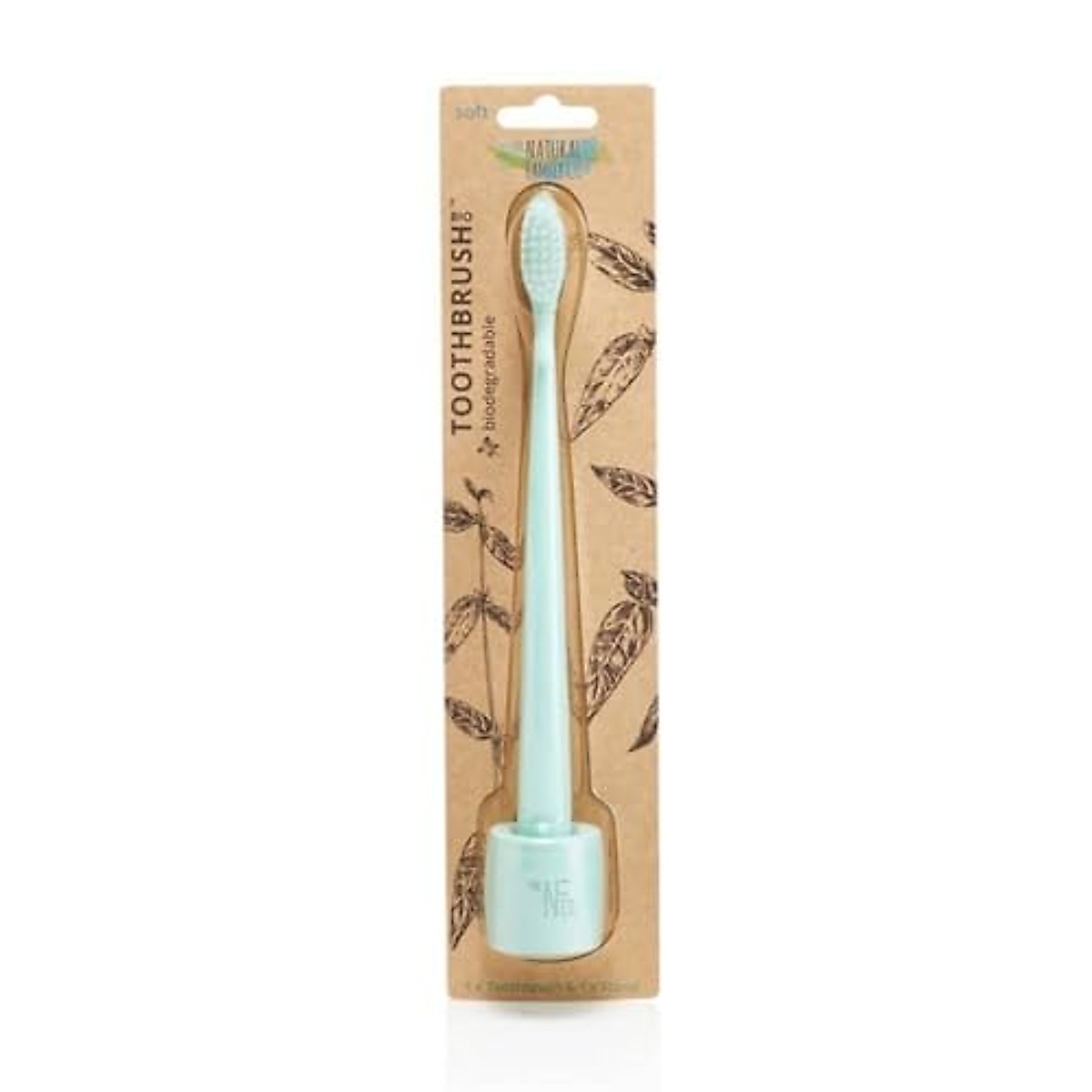 The Natural Family Co. Bio Toothbrush and Stand, Soft Nylon Bristles with Non GMO Cornstarch Handles, Plastic Free Packaging and Rivermint