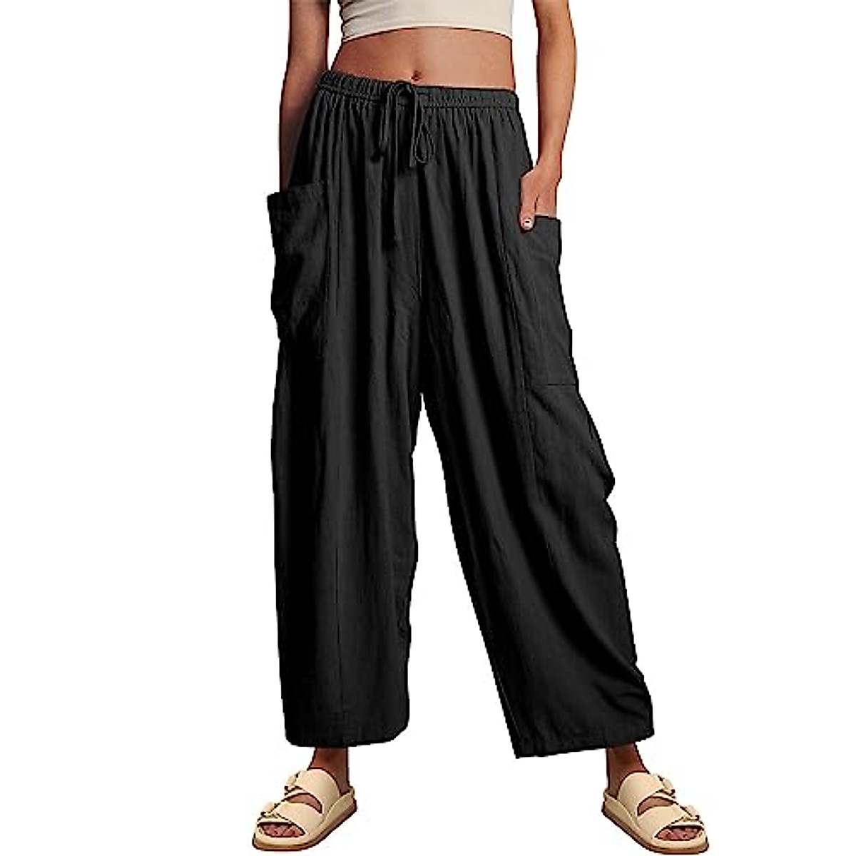 Aiwpstoin Women Wide Leg Linen Pants Summer Casual Drawstring High Waisted Palazzo Harem Pants with Pockets (as1, Alpha, x_l, Regular, Regular, Black)