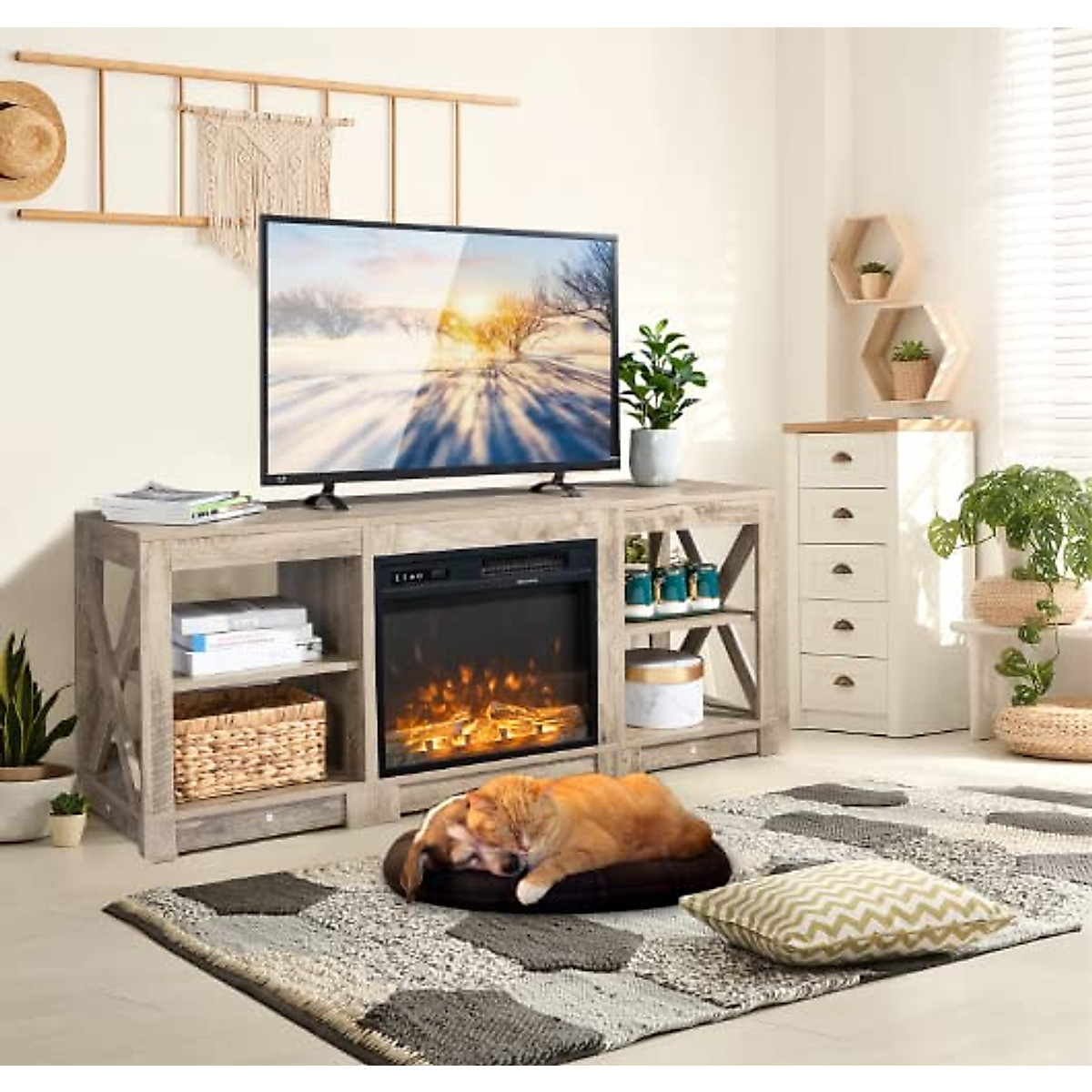 VINGLI Fireplace TV Stand with LED Lights for TVs Up to 65 Inch, Farmhouse Modern Entertainment Center (Gray Oak, 59'' x 16'' x 24'', Comes in 2 Boxes)