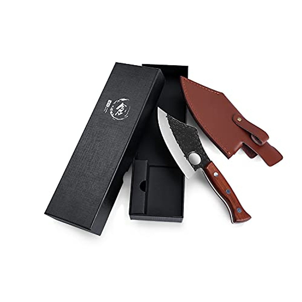 Purple Dragon Meat Cleaver Boning Knife Hand Forged Butcher Chef Knife Fillet Knife High Carbon Steel Full Tang with Leather Sheath Outdoor Knife for Kitchen Camping BBQ