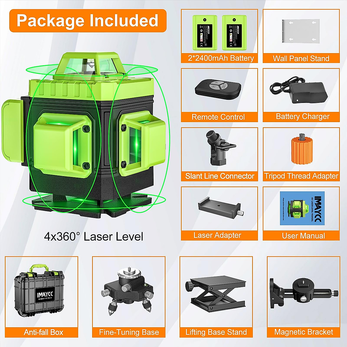 IMAYCC Laser Level, 4x360° Self Leveling Laser Level, 4D Cross Line Laser with Remote Control, Anti-fall Box, Multiple Stands, Rechargeable Batteries for Construction and Decoration