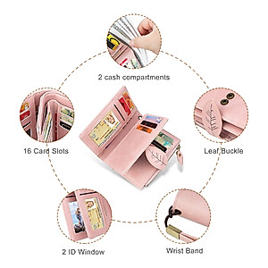 CONISY Small Wallet for Women, Compact Bifold Leather Wallet with Wristlet RFID Blocking Womens Wallet (Pink)