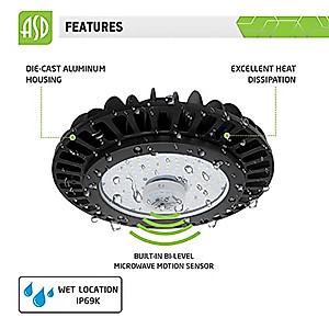ASD UFO High Bay LED Shop Light Fixture with Motion Sensor, 150 watt 22912lm 5000K, 1-10V Dimmable, 120V 277V Work Light, Commercial Bay Lighting, Waterproof, Safety Cable Included UL/DLC Premium